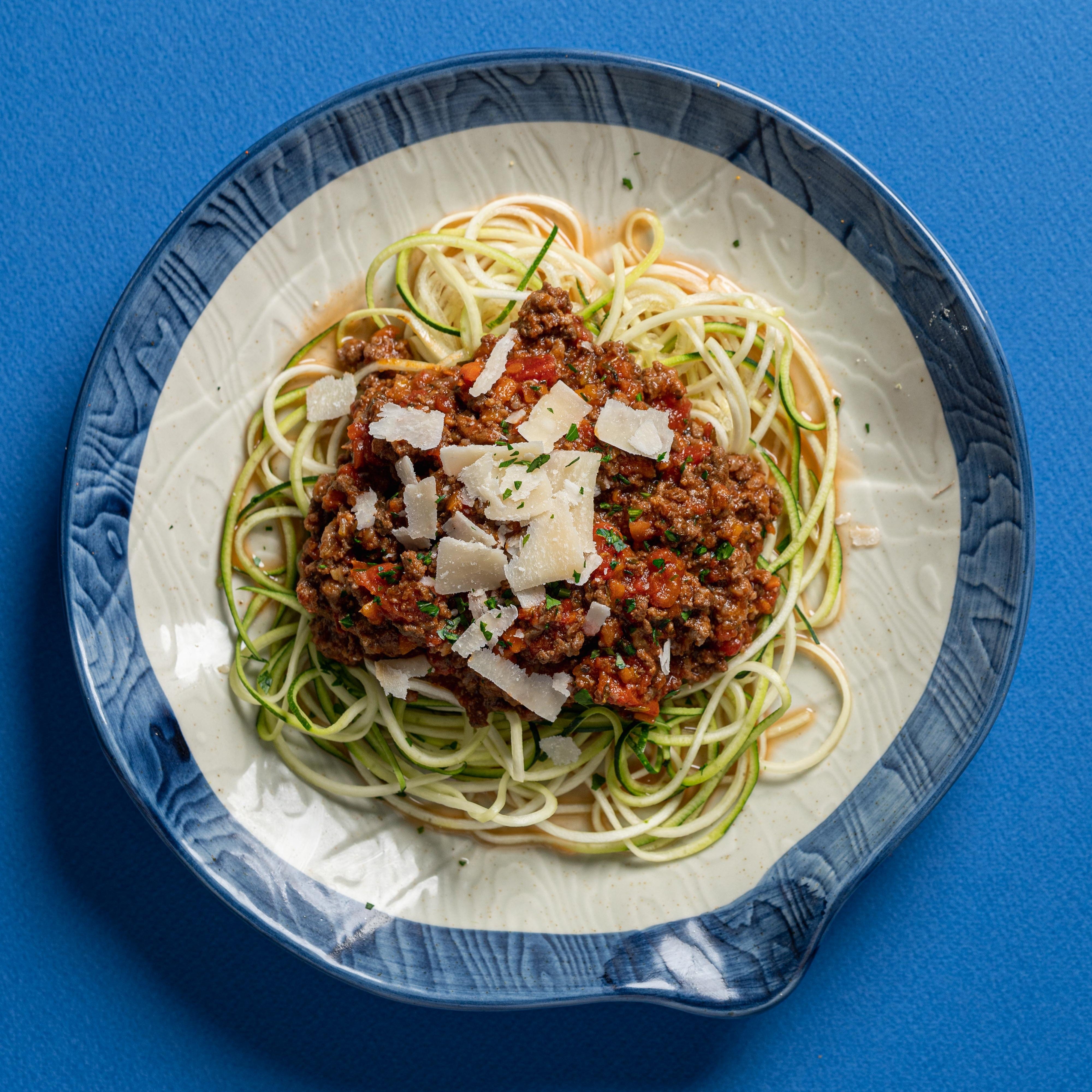 Beef & Pork Bolognese with Shaved Parmesan, Zucchini & Whole Wheat Rig ...