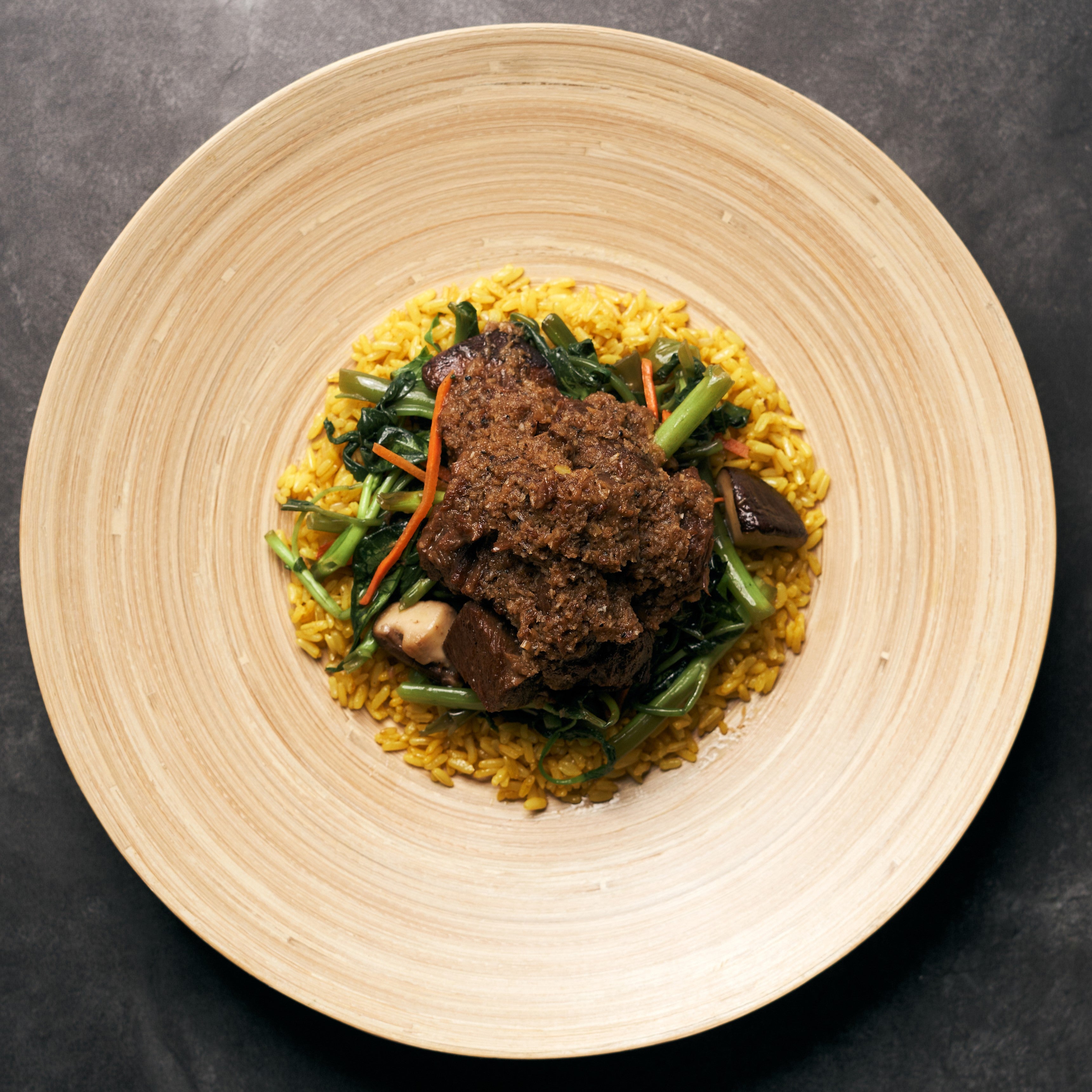 Padang Beef Rendang with Morning Glory, Shiitake Mushrooms, Shredded C ...