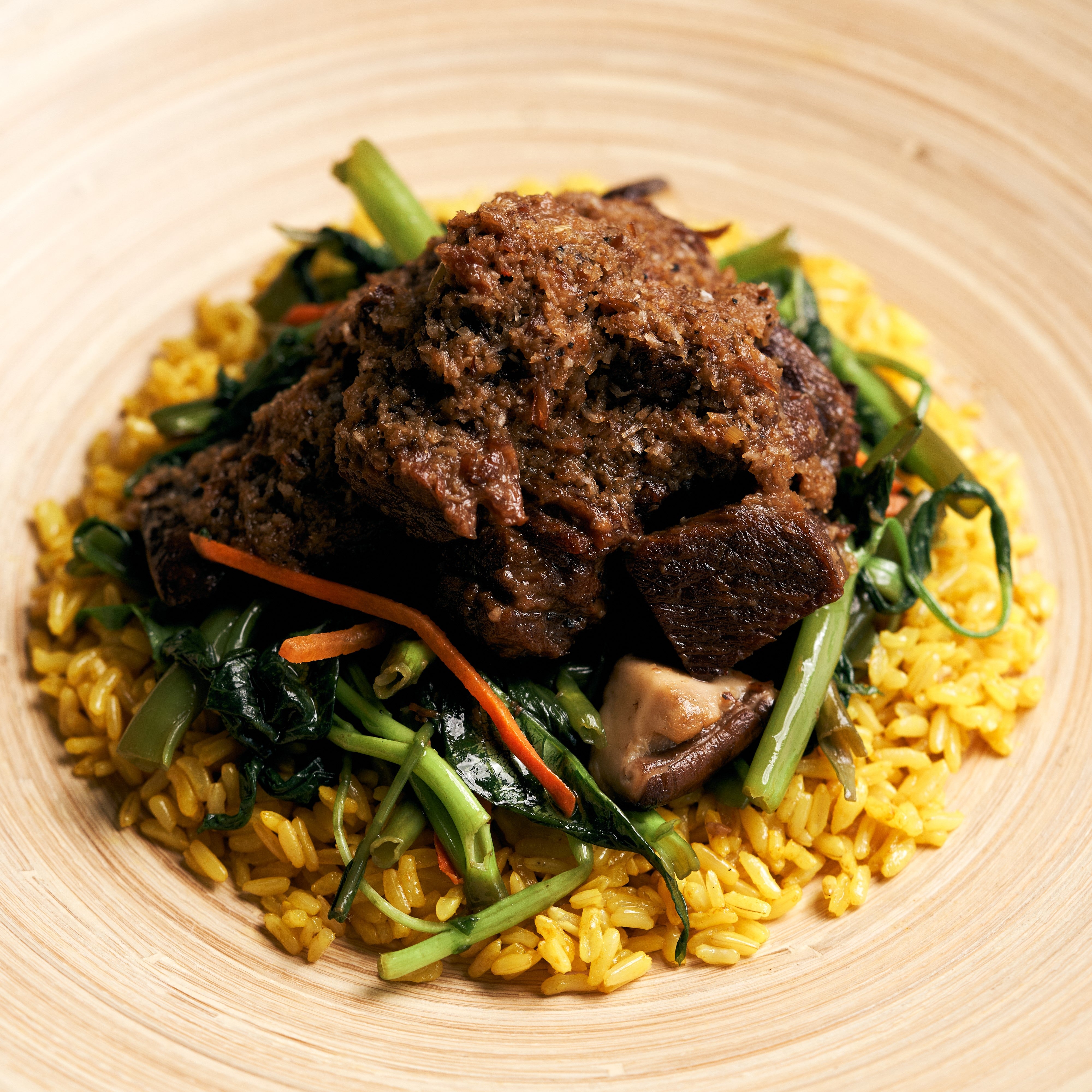 Padang Beef Rendang with Morning Glory, Shiitake Mushrooms, Shredded C ...