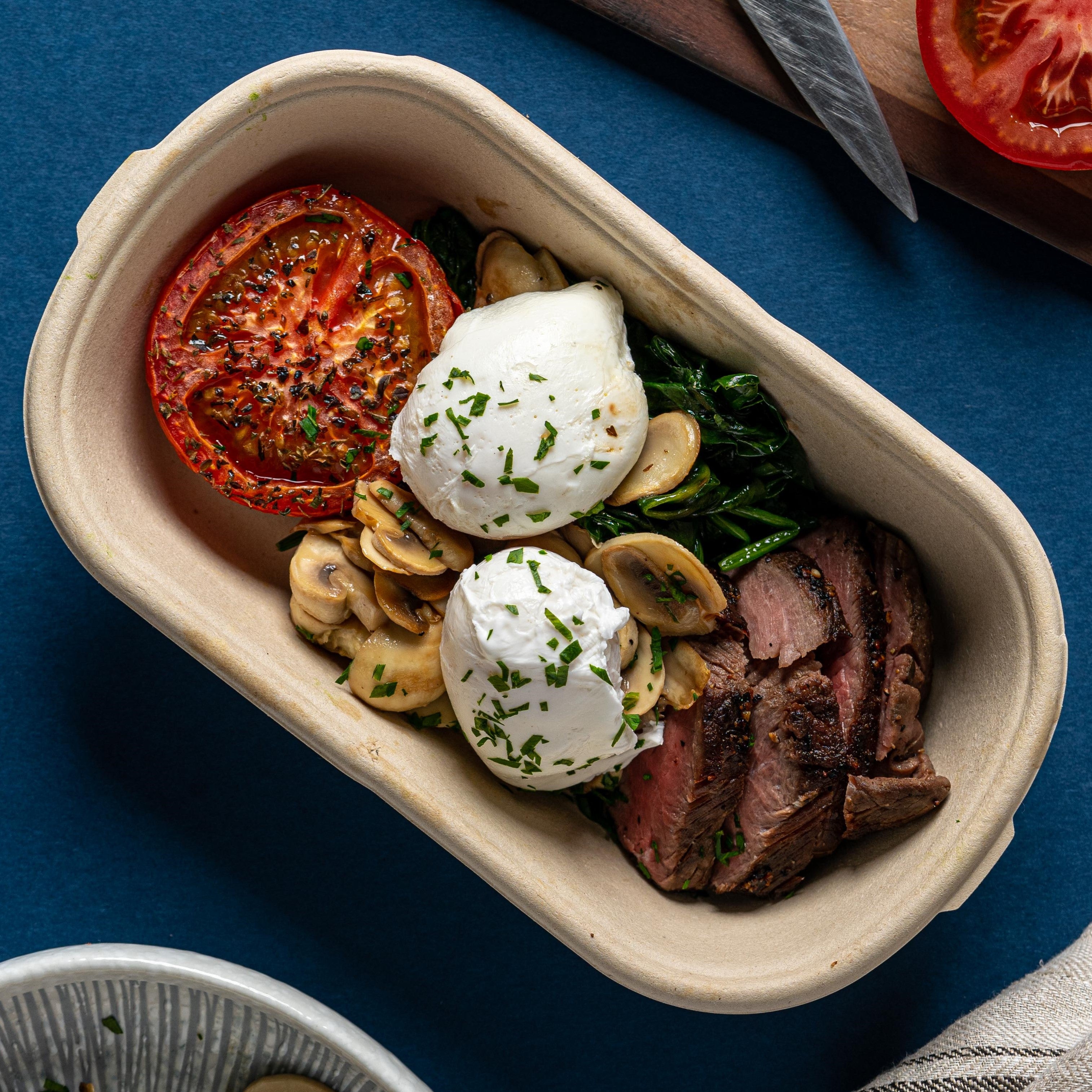 Sliced Beef Tenderloin & Poached Eggs with Sautéed Spinach, Oven Roast ...