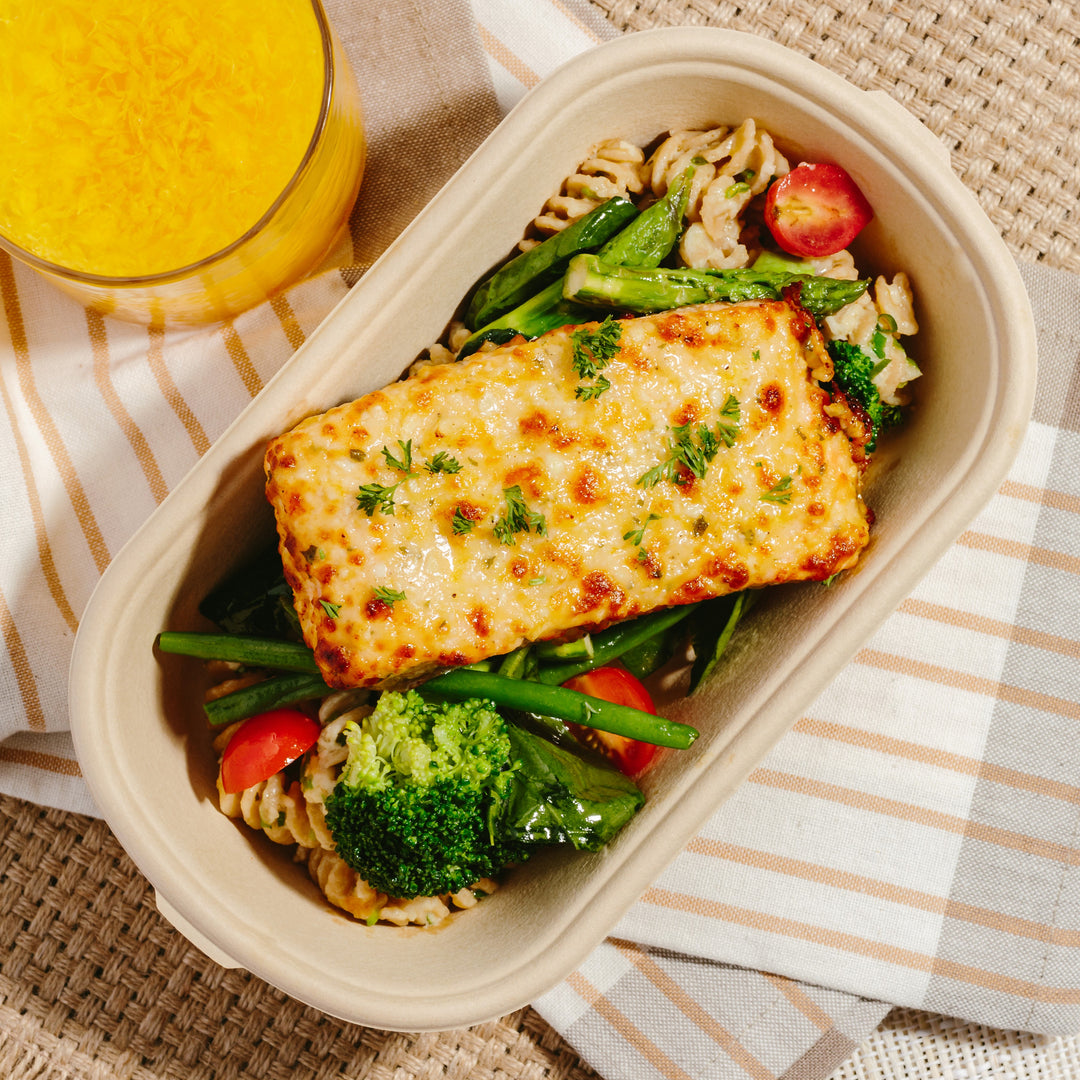 Oven Baked Garlic and Parmesan Salmon with Sauteed Green Market Vegeta – Nutrition Kitchen SG
