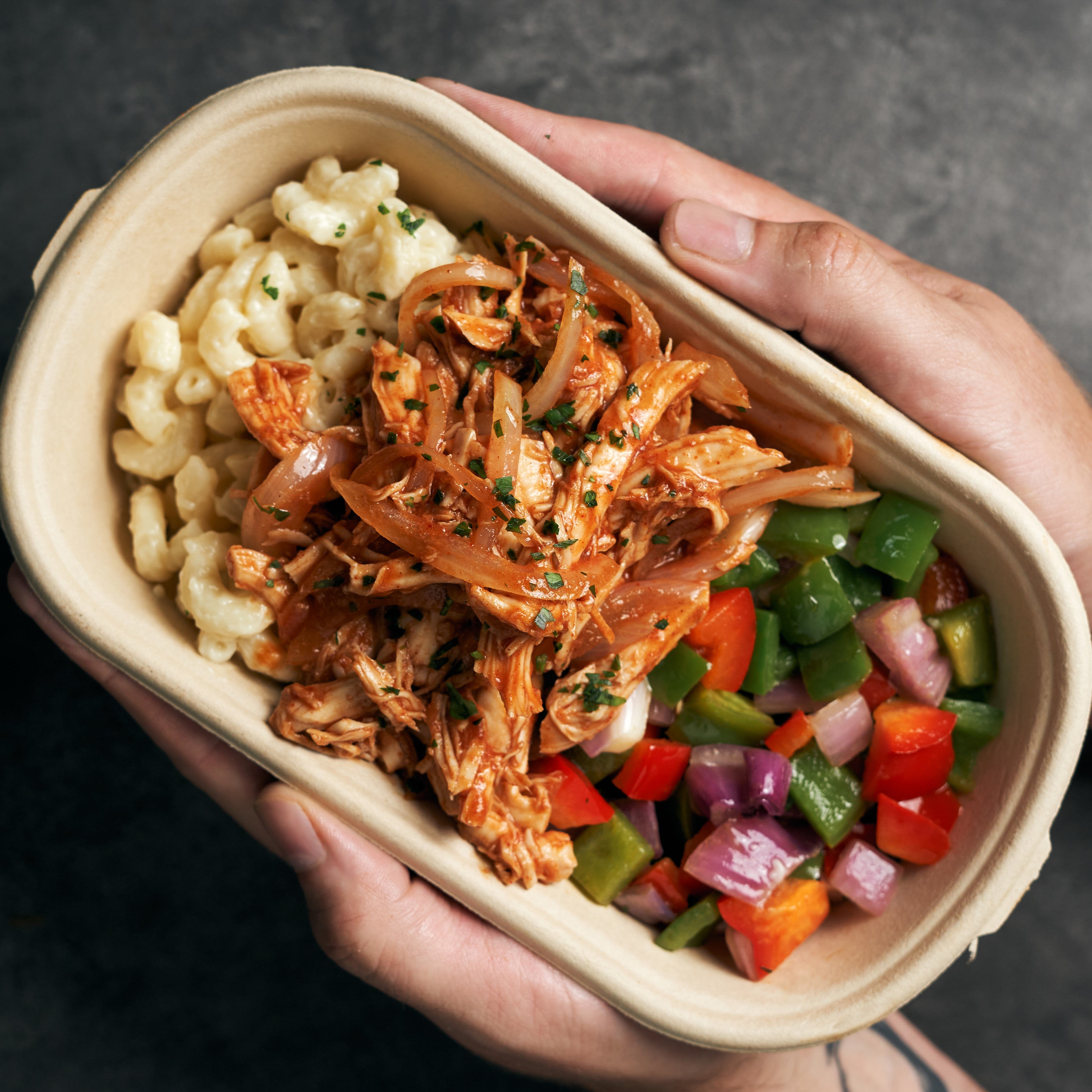 Texas Style Pulled BBQ Chicken with Sauteed Spinach & Peppers & Mac n ...